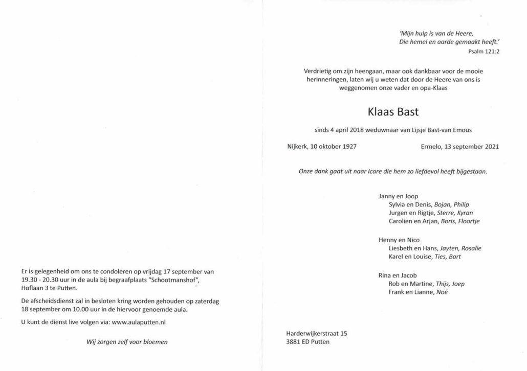 Klaas Bast (93) overleden - v.v. Sparta Nijkerk